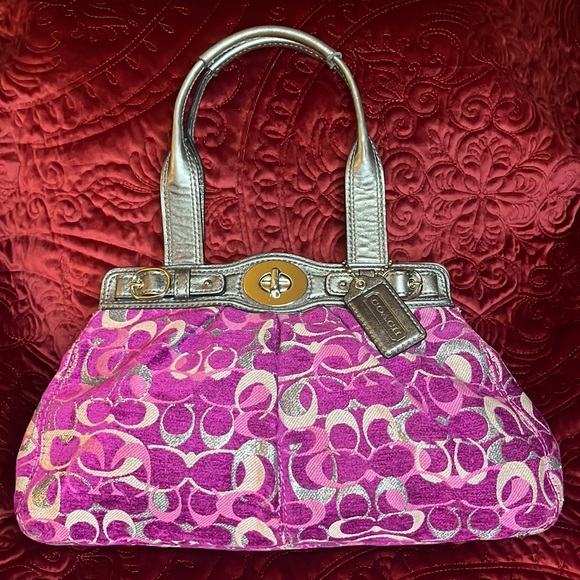 Coach | Bags | Coach Mia Velvet Fuchsia Metallic Leather Carryall ...